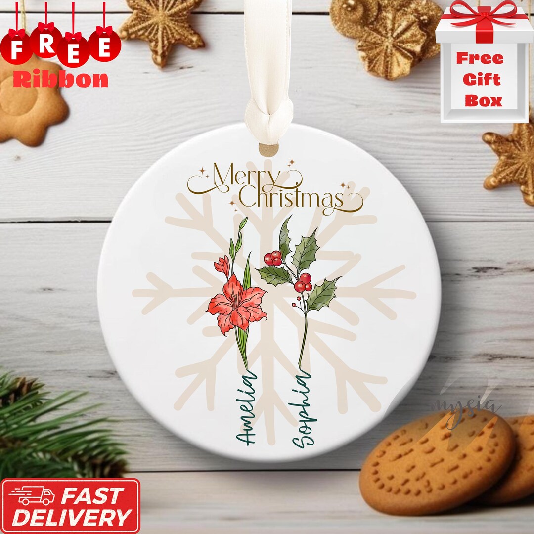Personalized Flower Ornament 2025, Custom Names on Floral Stems ...