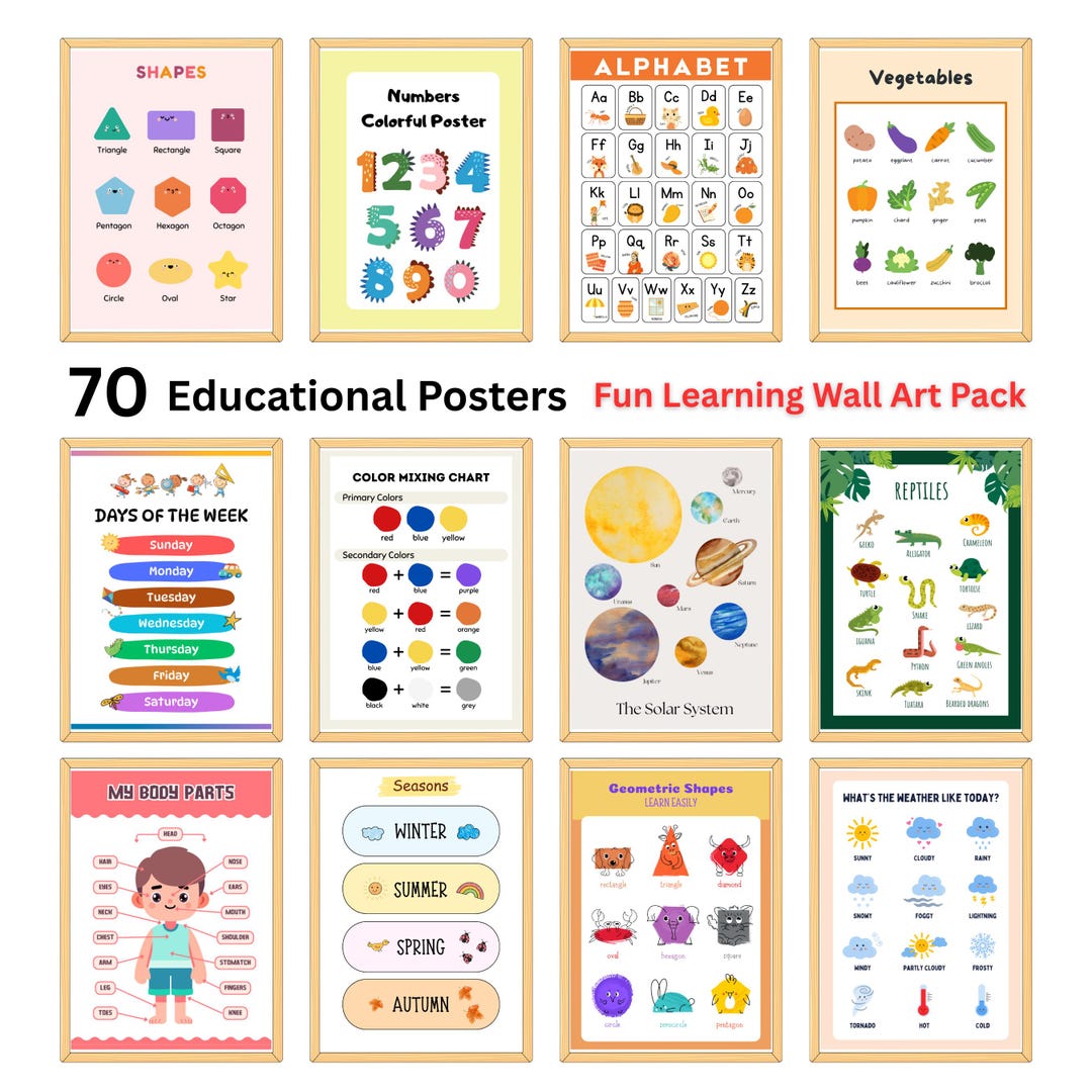 Kindergarten Educational Posters Bundle of 70 : Preschool Alphabet ...
