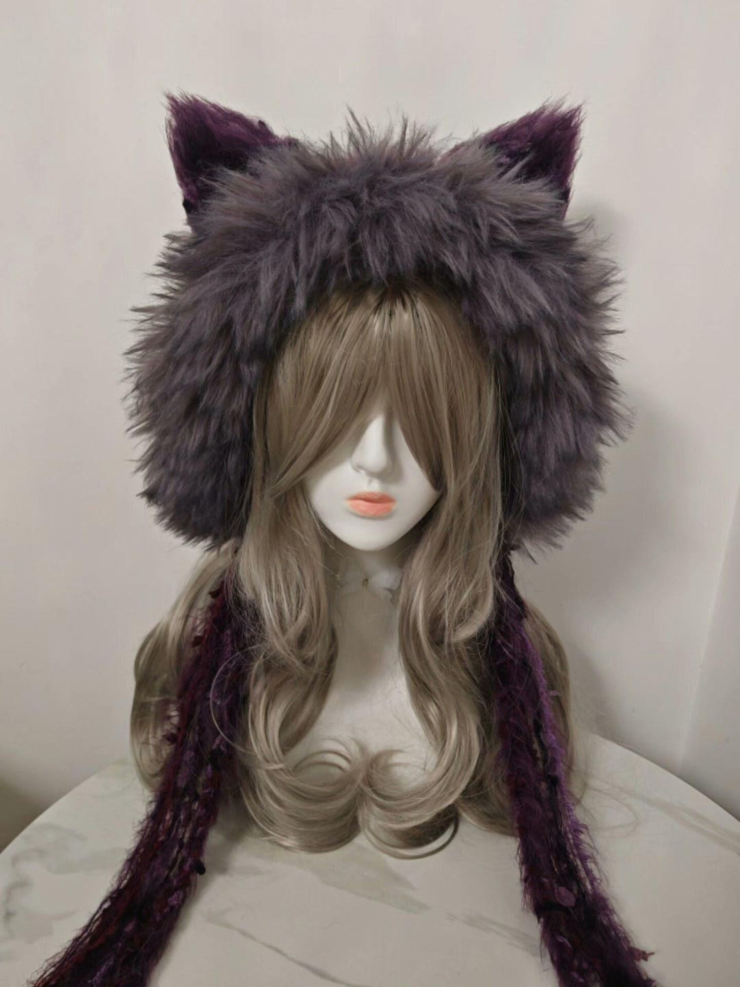 Purple Wide-brim Fox Ear Hood | Handmade Statement Animal Ear Winter ...