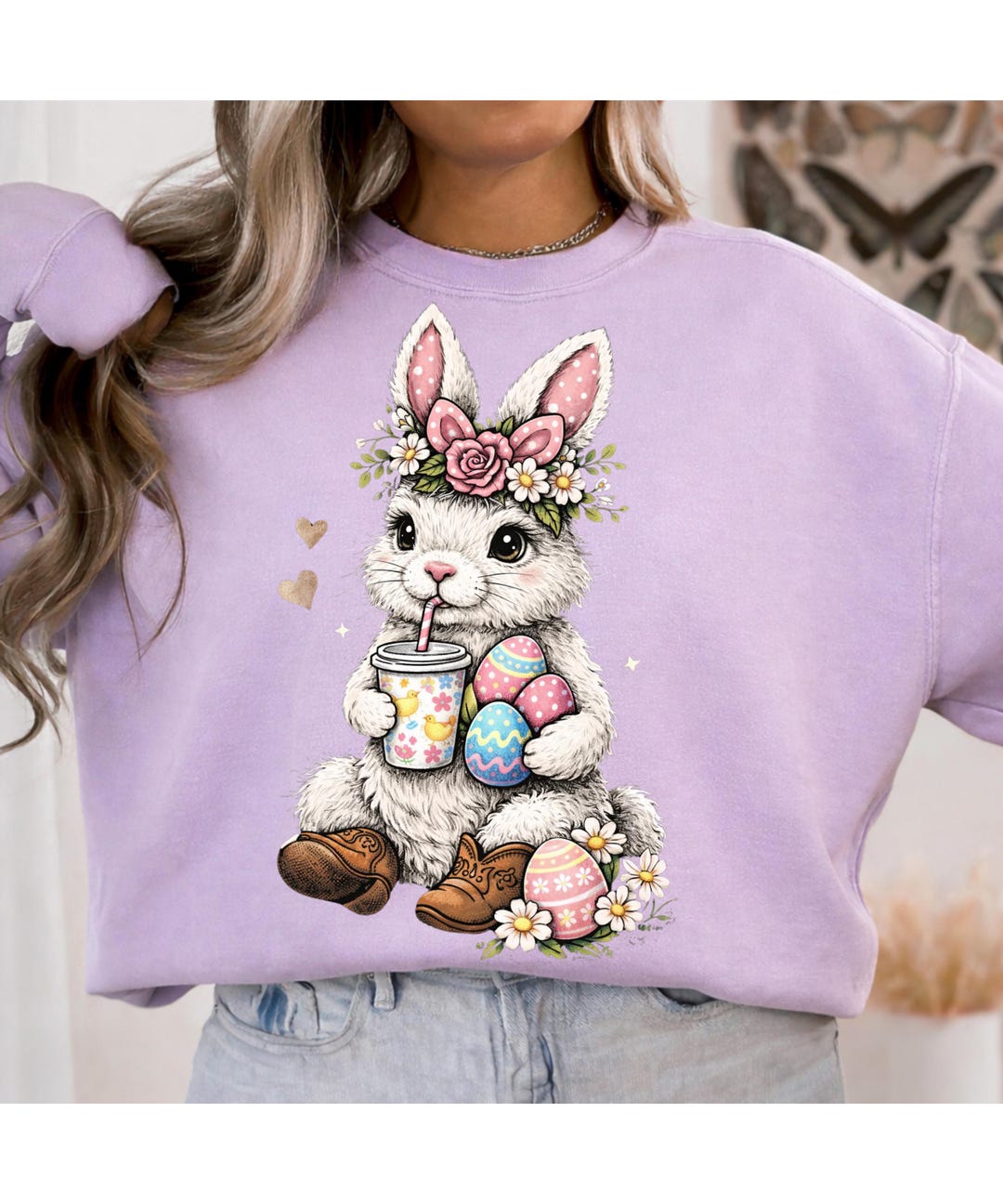 Cute Easter Bunny PNG, Cowgirl Floral Crown Rabbit Coffee Cup, Boho ...