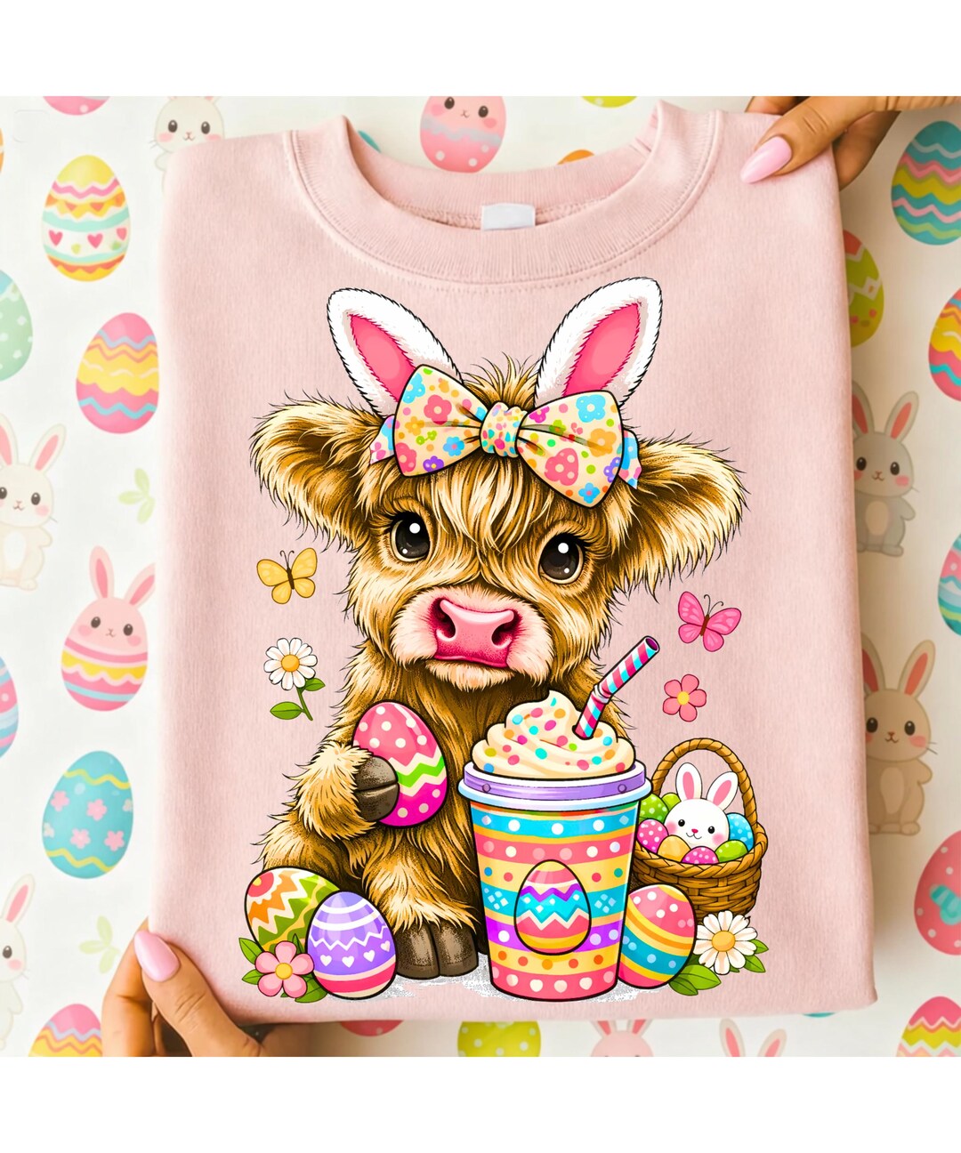 Easter Highland Cow PNG, Cute Bunny Ears Calf With Coffee, Easter ...