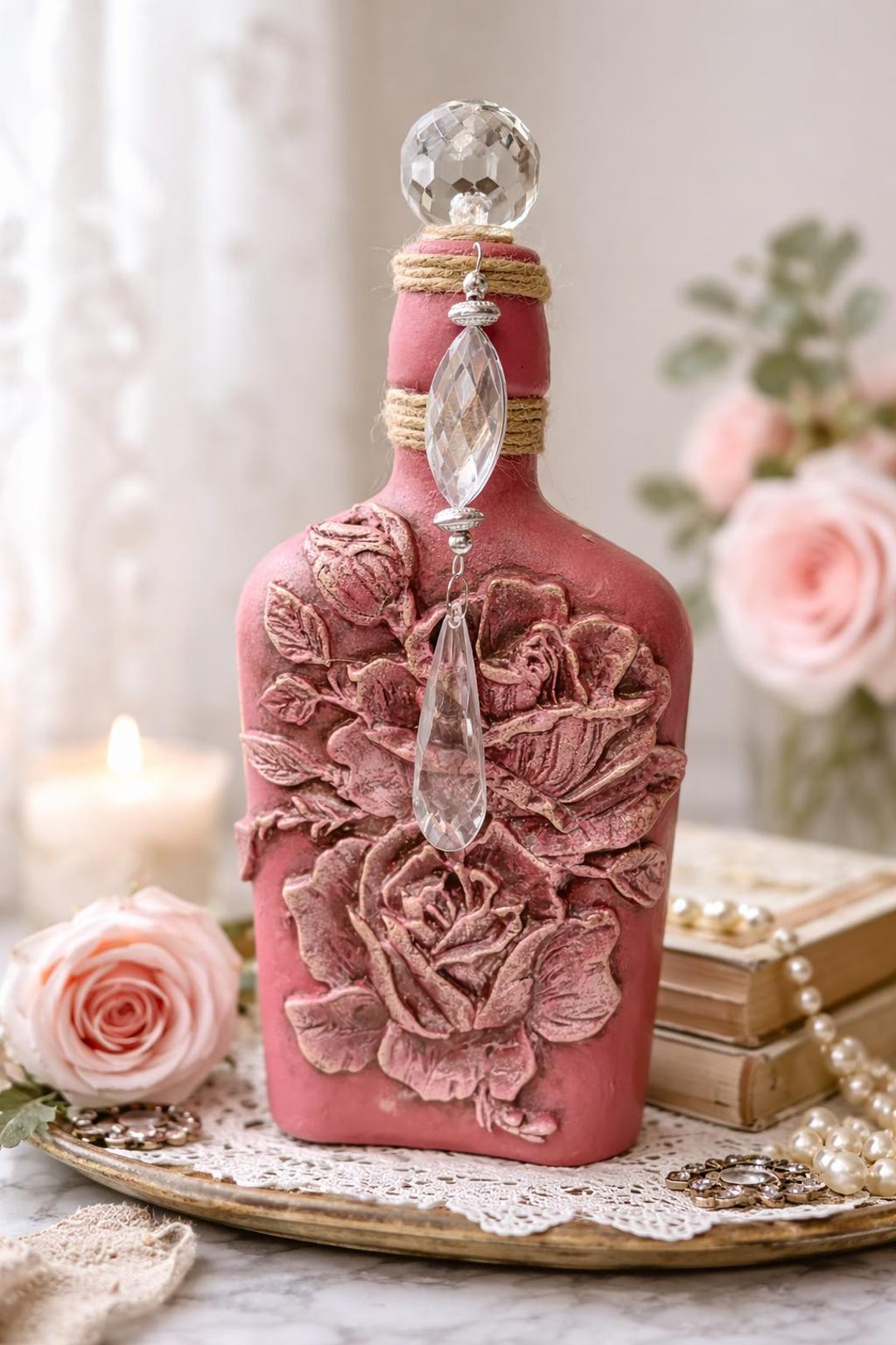 Decorative Glass Bottle | Vintage Floral Decor | Cottagecore Accent ...