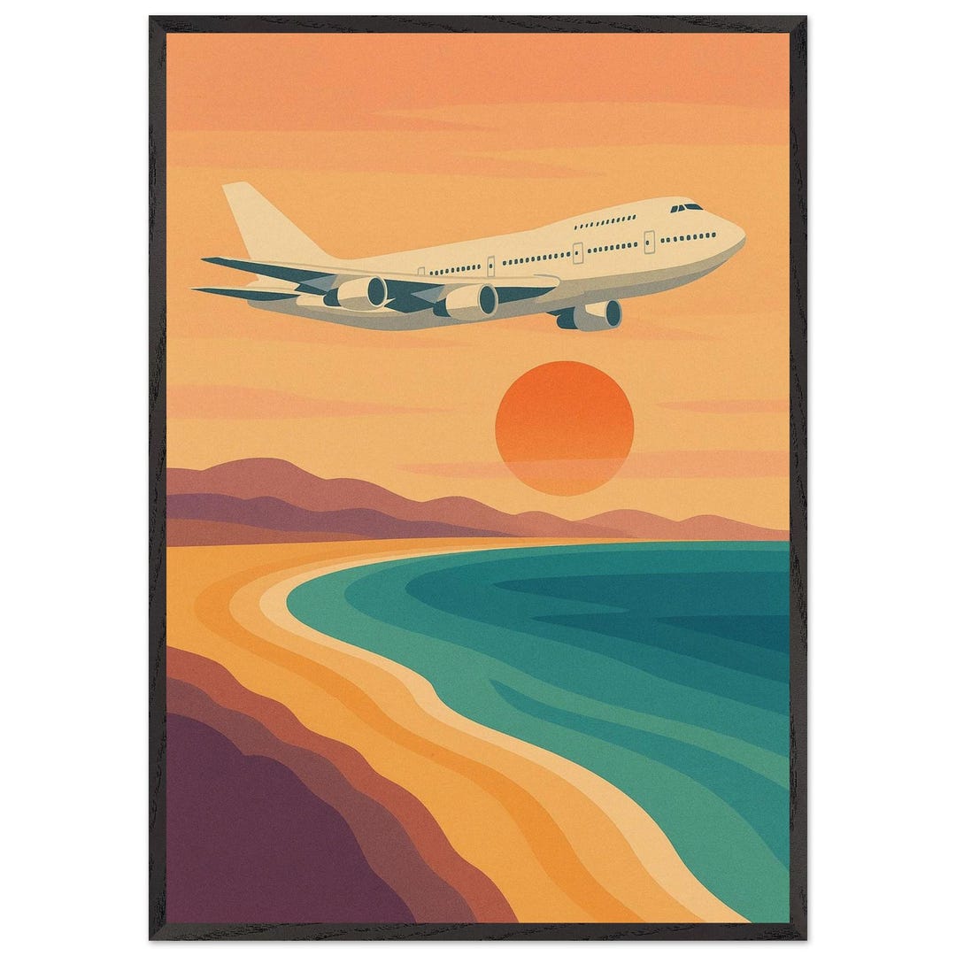 Retro Airplane Poster – Boeing 747 Over Coast at Sunset | Premium Art ...