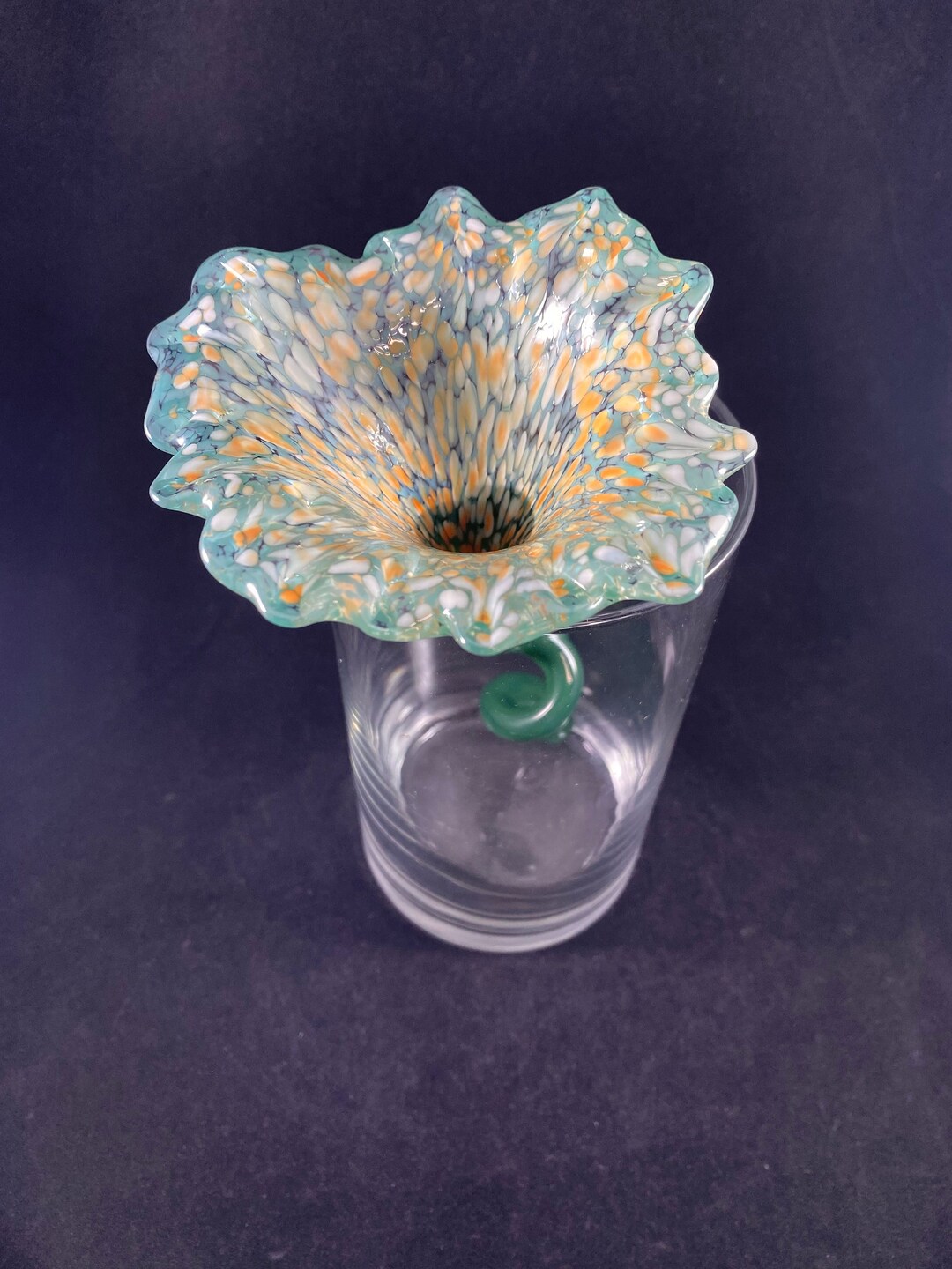 Handmade Turquoise Blue Green and Opaque Creme Orange Glass Flower With ...