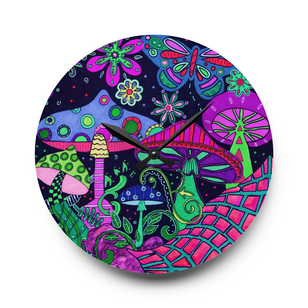 Psychedelic Mushroom Garden Art Wall Clock, Colorful Mushroom Time ...