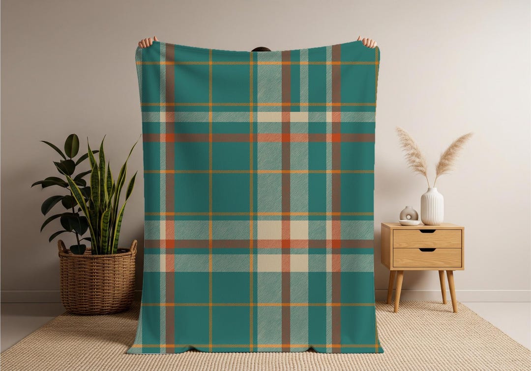 Teal and Rust Plaid Sherpa Blanket: Cabin Fleece Throw - Etsy
