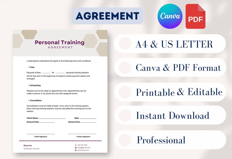 Personal Training Agreement Template | Fitness Contract Form | Editable ...