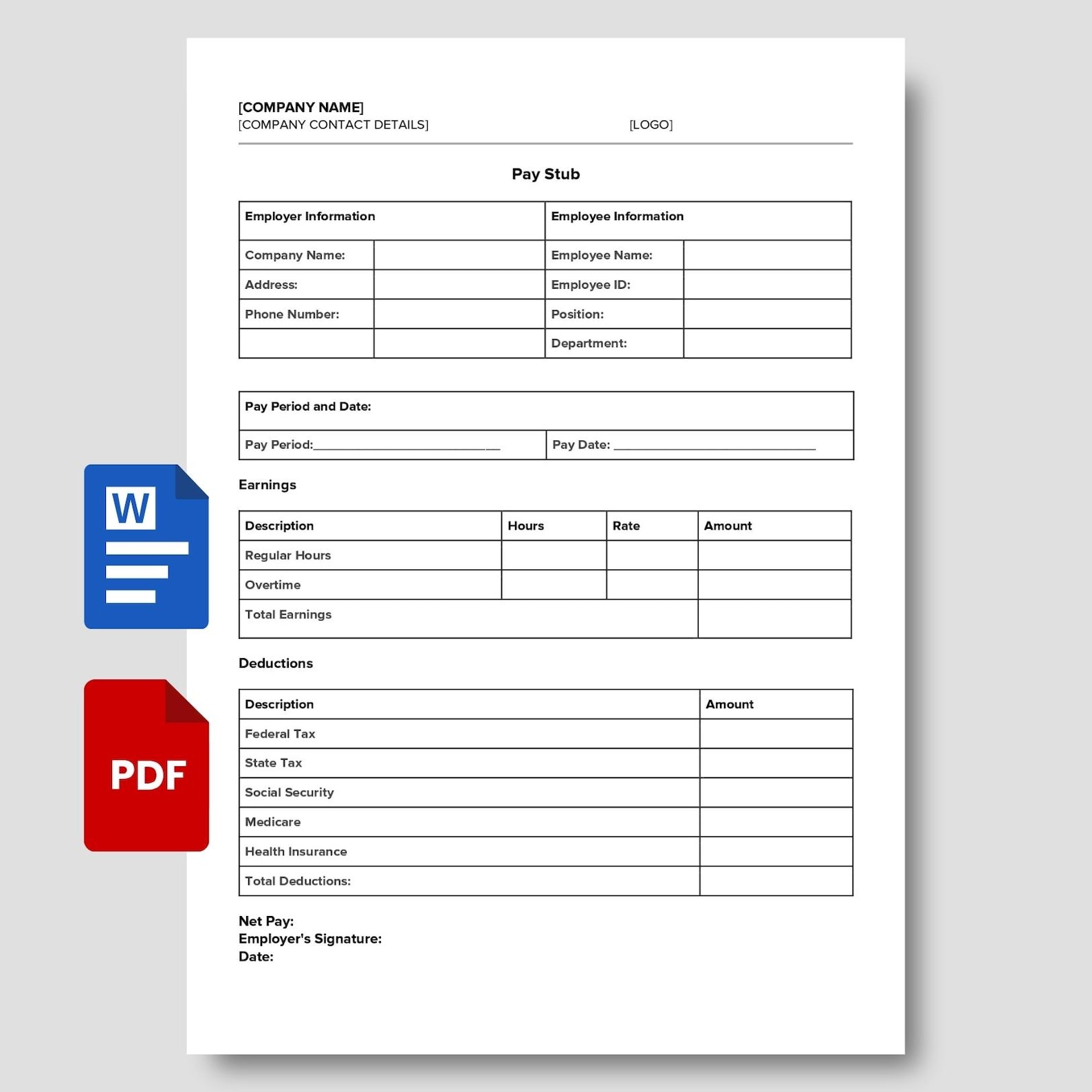 Editable Pay Stub Template - Fillable Payroll Slip - Professional ...