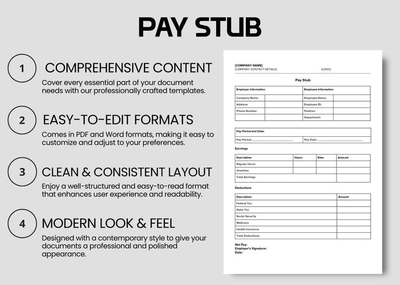 Editable Pay Stub Template - Fillable Payroll Slip - Professional ...
