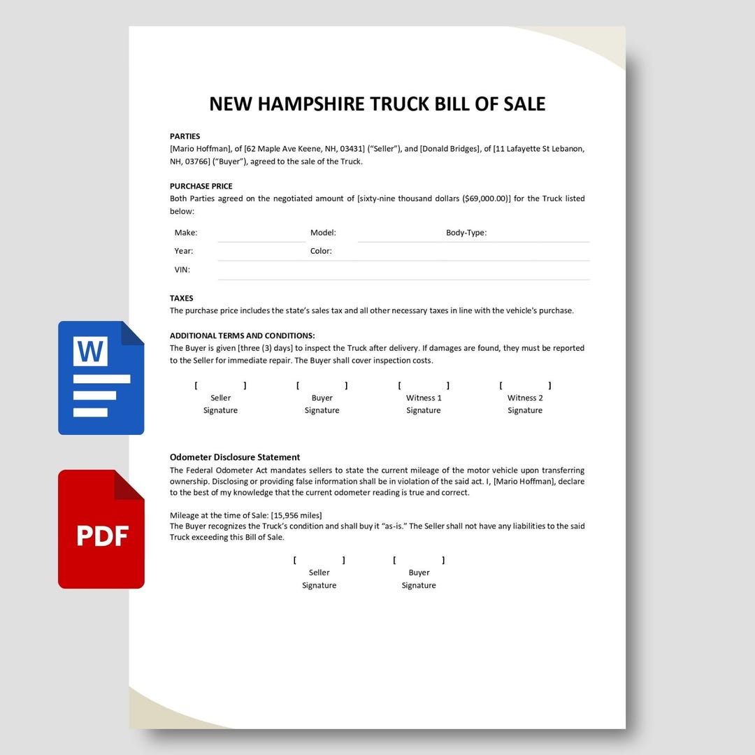 New_hampshire Truck Bill of Sale Template | Printable Vehicle Sales ...