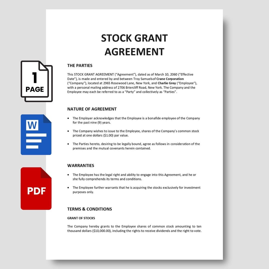 Stock Grant Agreement Template | Editable Employee Share Allocation ...