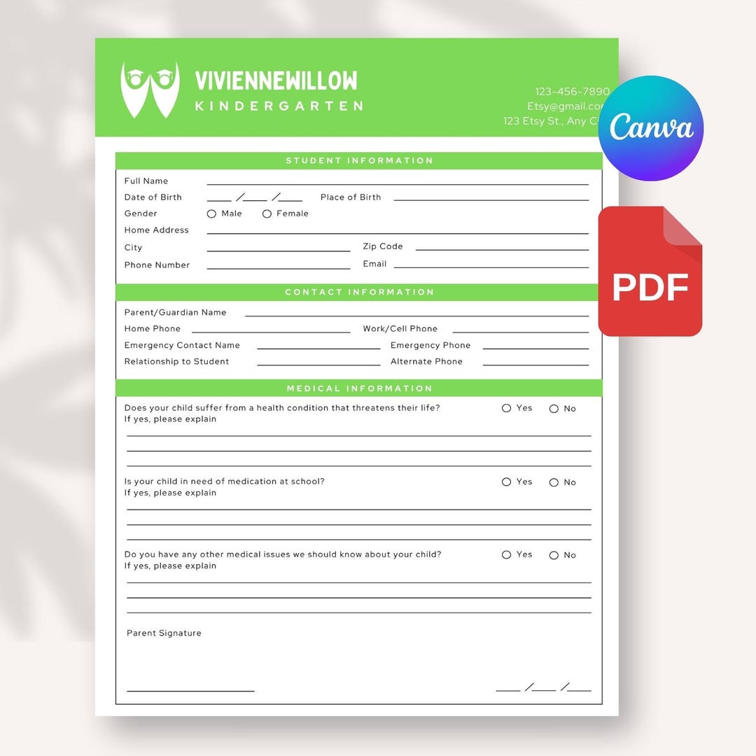 Kindergarten Registration Form Template | Editable Canva Preschool ...