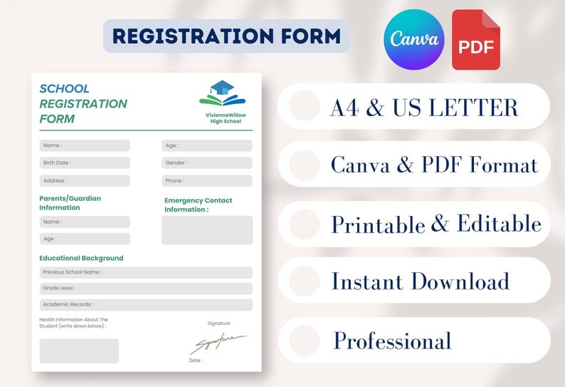 School Registration Form Template | Editable Canva Student Enrollment ...