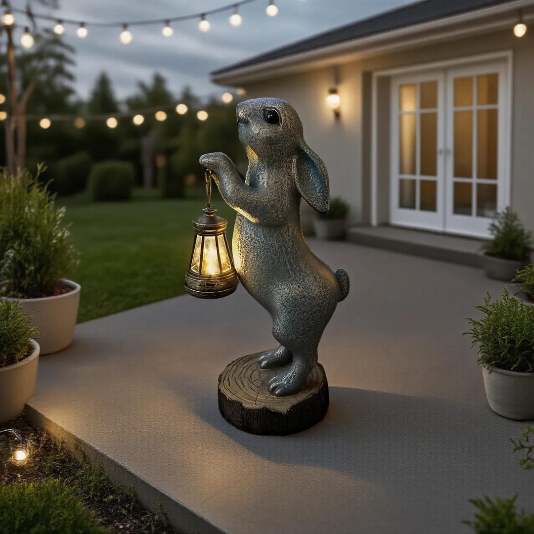 Solar Bunny Garden Lantern Statue | Rabbit Outdoor LED Light Decor ...