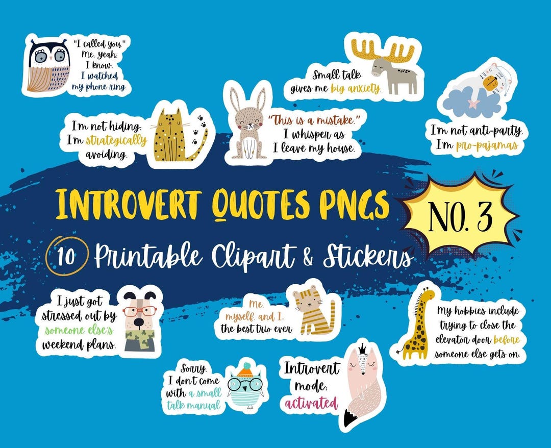 10 Introvert Quote Stickers | Modern Animal Clipart PNG | Digital ...