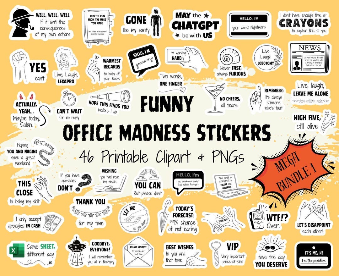 Sarcastic Office Humor Stickers & Clipart – 46 Digital Pngs for Work ...