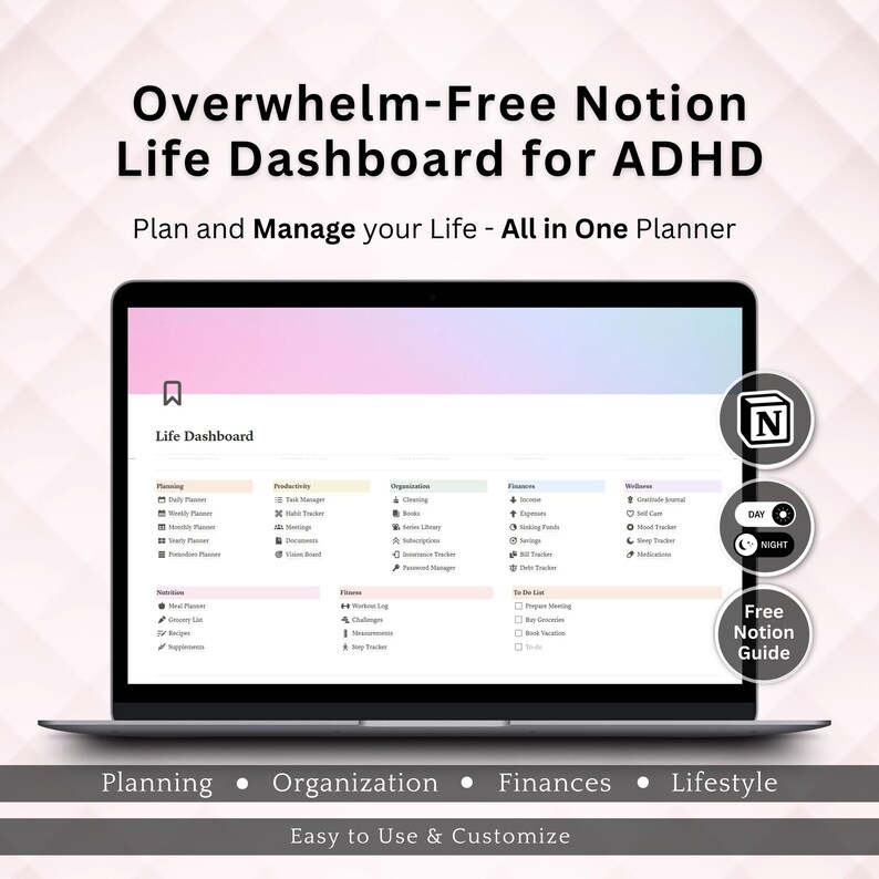 ADHD Notion Life Planner, Life Dashboard Notion Template, Notion ...