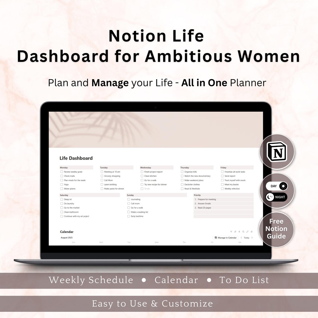 Notion Life Planner, Life Dashboard Notion Template, Beige Notion ...