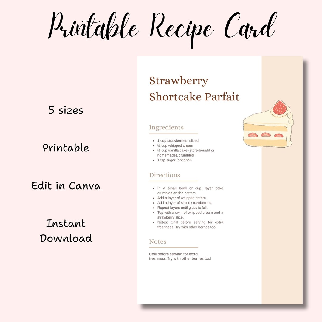 Strawberry Shortcake Recipe Card Printable Aesthetic Digital Download ...