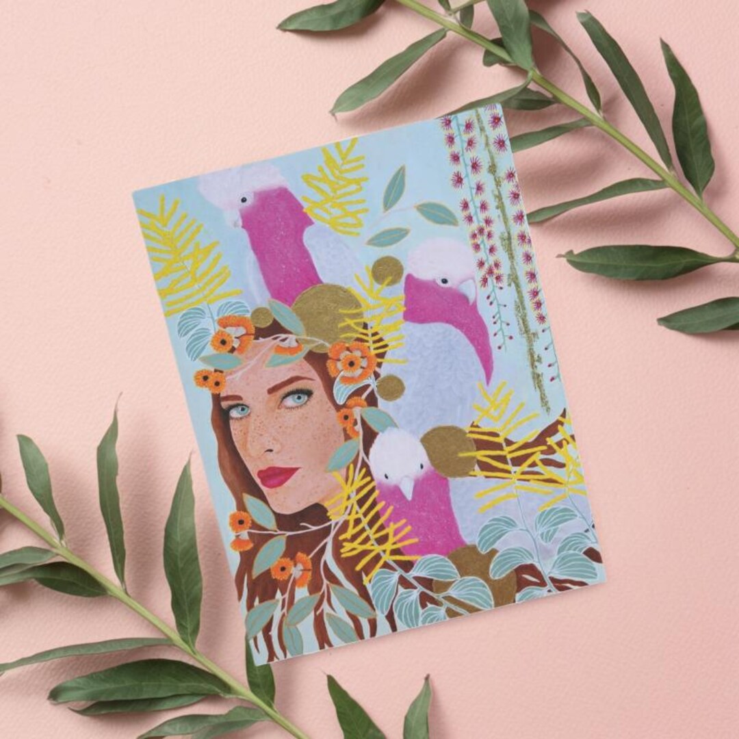 Tropical Floral Woman With Pink Cockatoos Greeting Card - Etsy