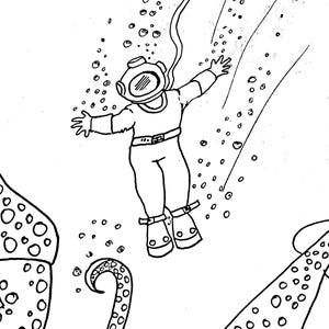 Vintage Deep Sea Diver & Giant Squids DIGITAL Coloring Page – Printable ...