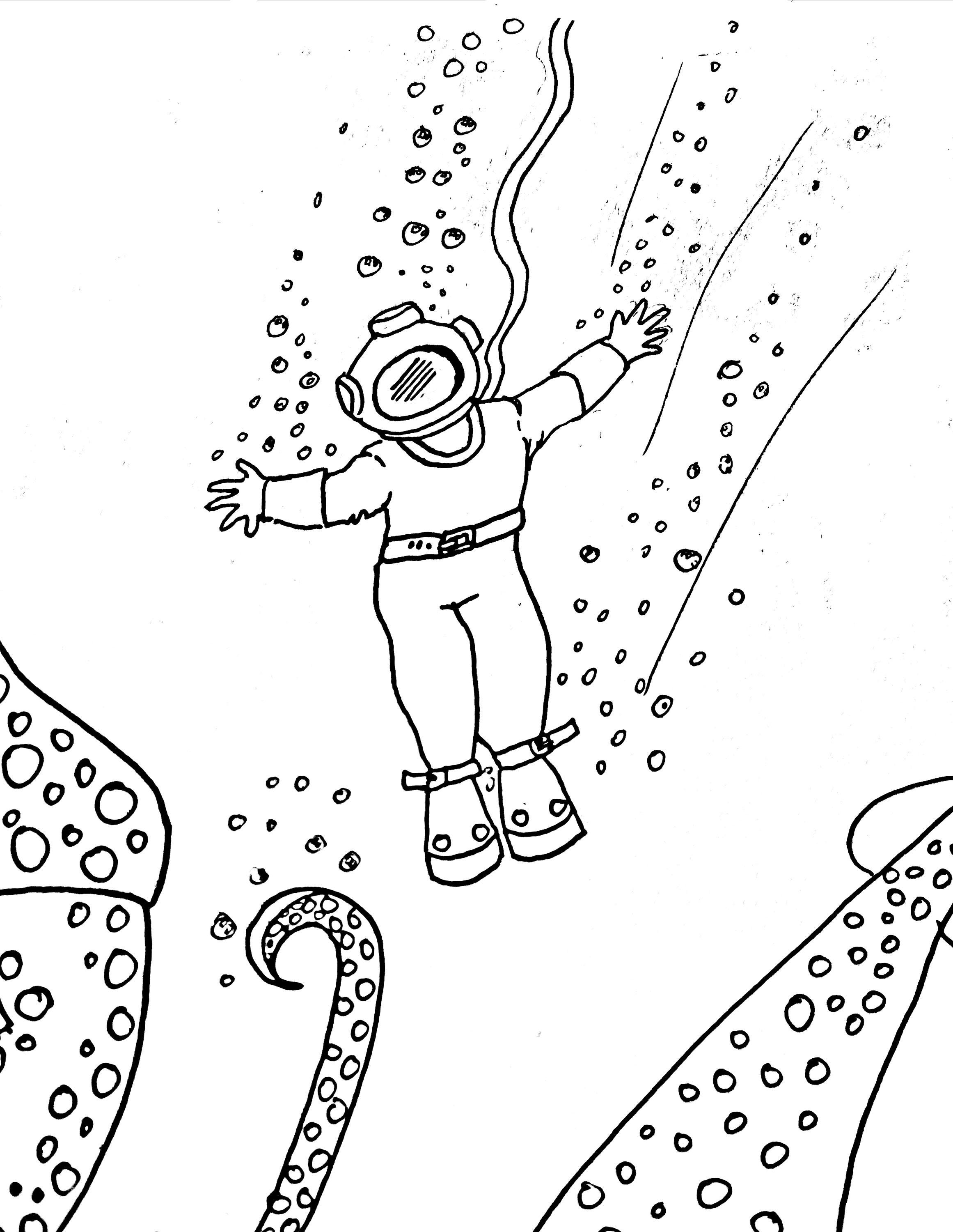 Vintage Deep Sea Diver & Giant Squids DIGITAL Coloring Page – Printable ...