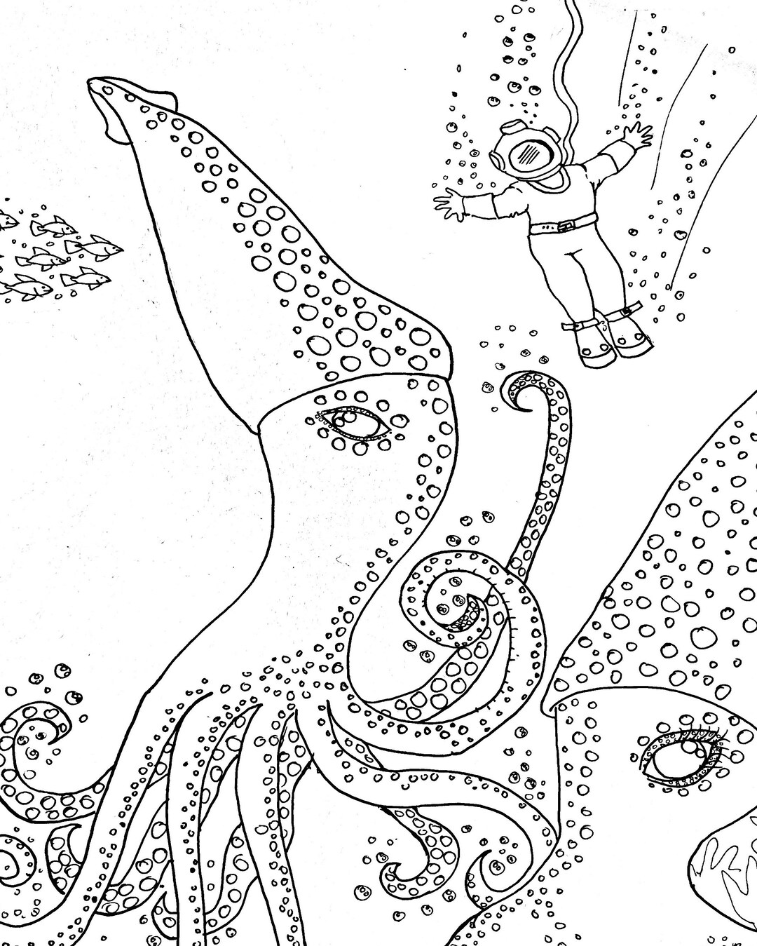 Vintage Deep Sea Diver & Giant Squids DIGITAL Coloring Page – Printable ...