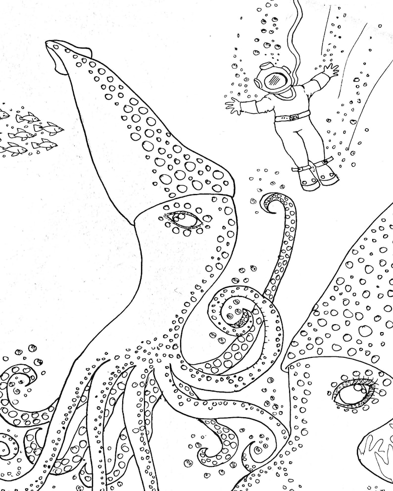 Vintage Deep Sea Diver & Giant Squids DIGITAL Coloring Page – Printable ...