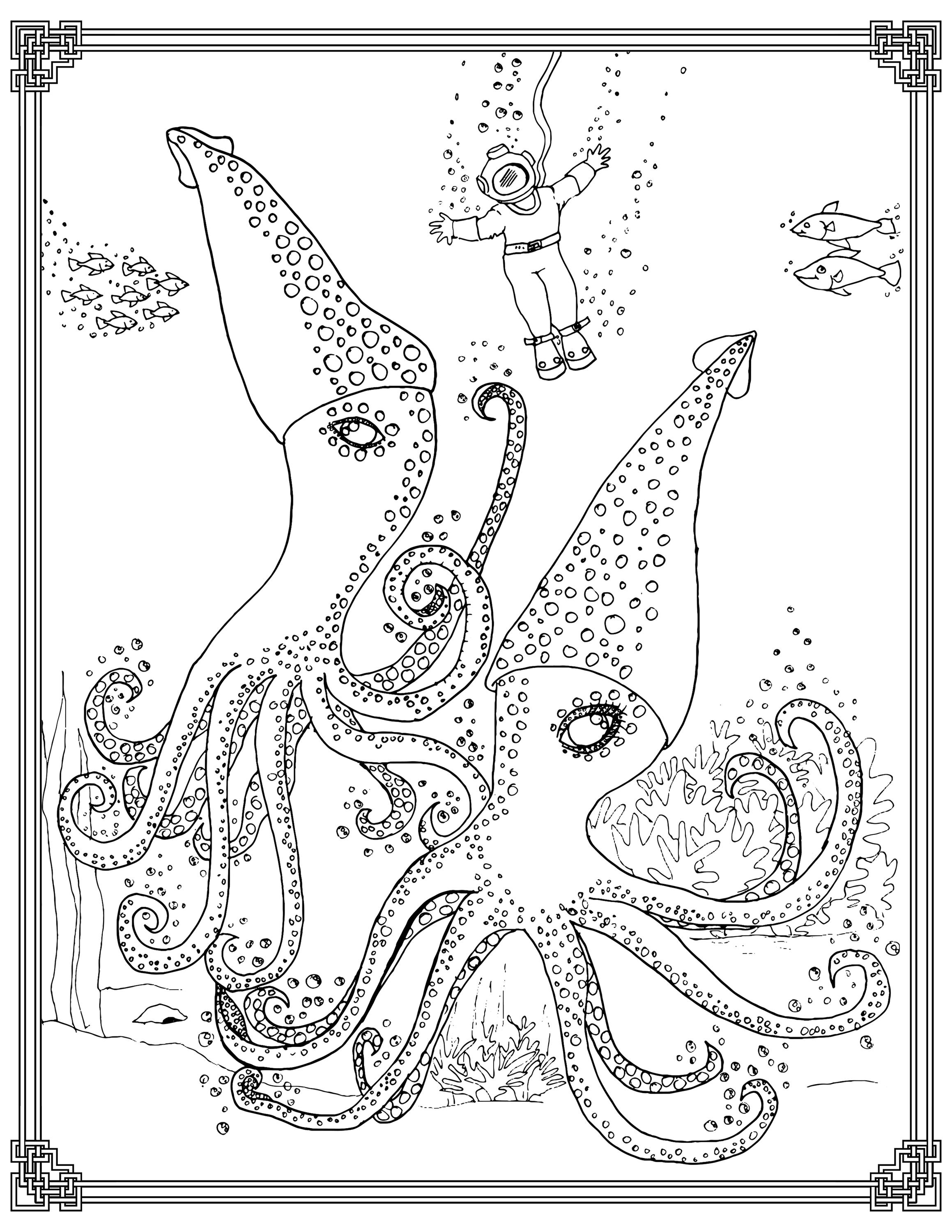 Vintage Deep Sea Diver & Giant Squids DIGITAL Coloring Page – Printable ...