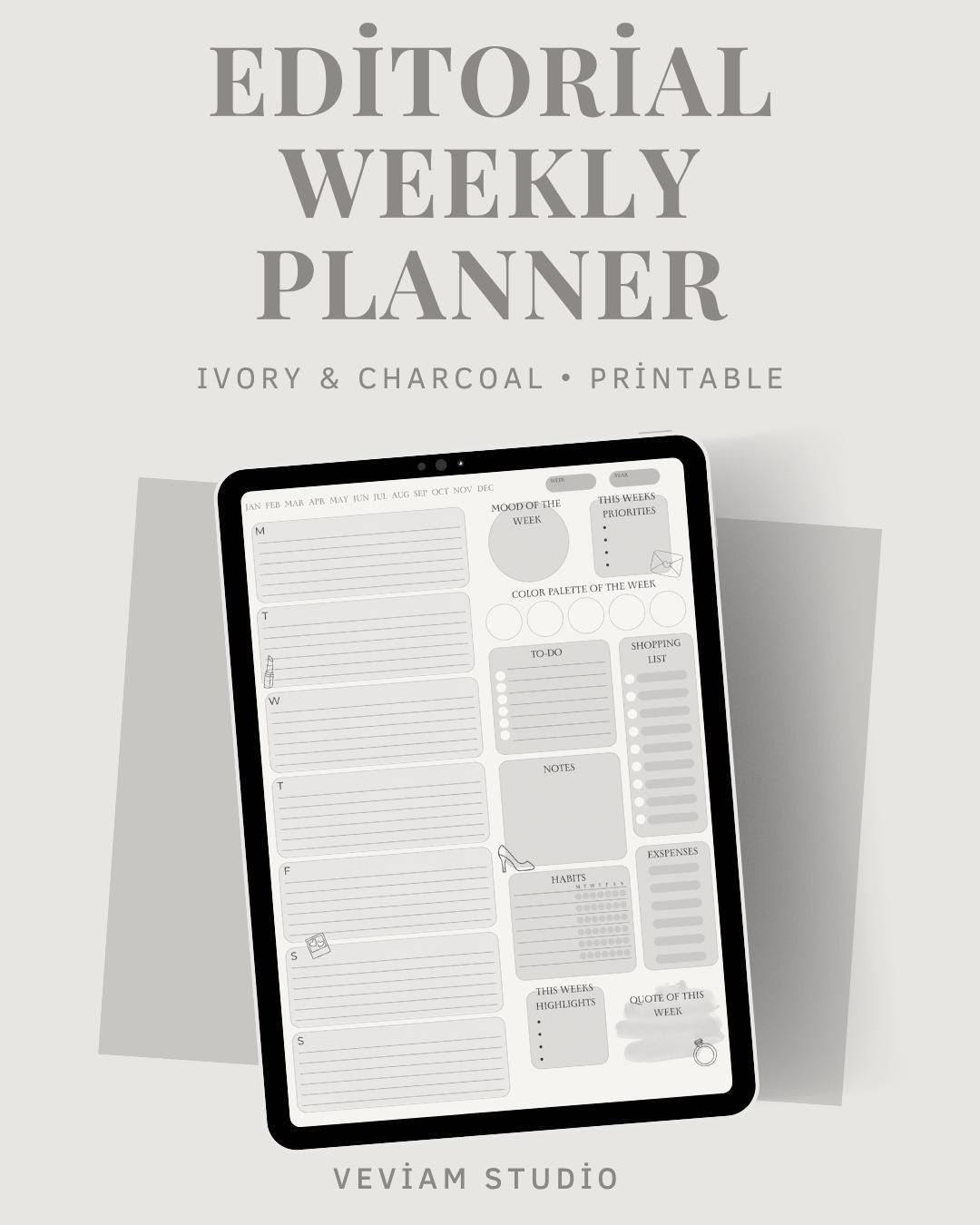 Editorial Weekly Planner Printable | Ivory & Charcoal Template ...