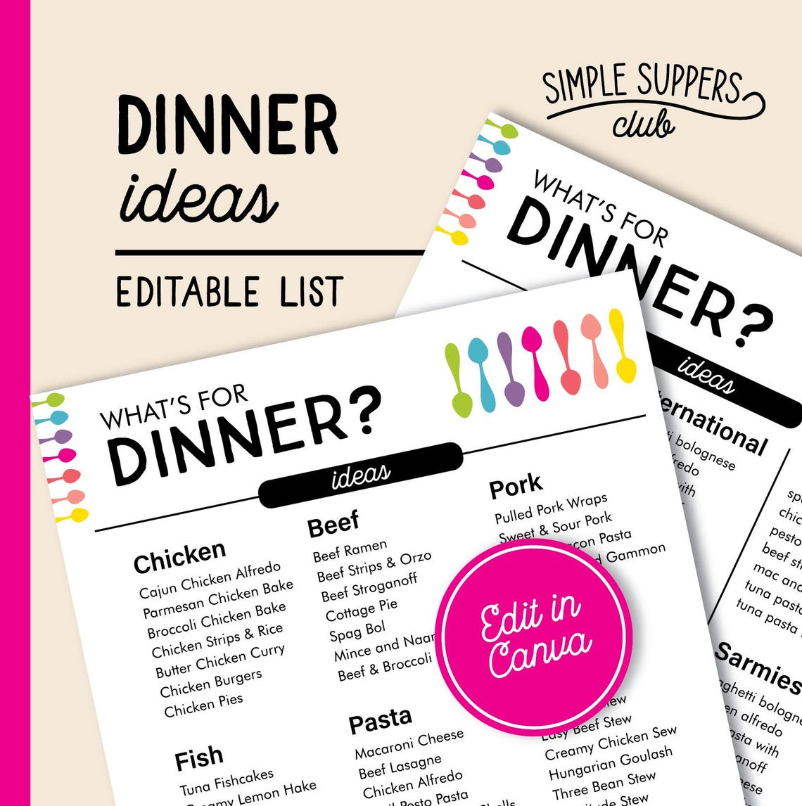 Editable Dinner Ideas List | Meal Planning Template | Printable Dinner ...