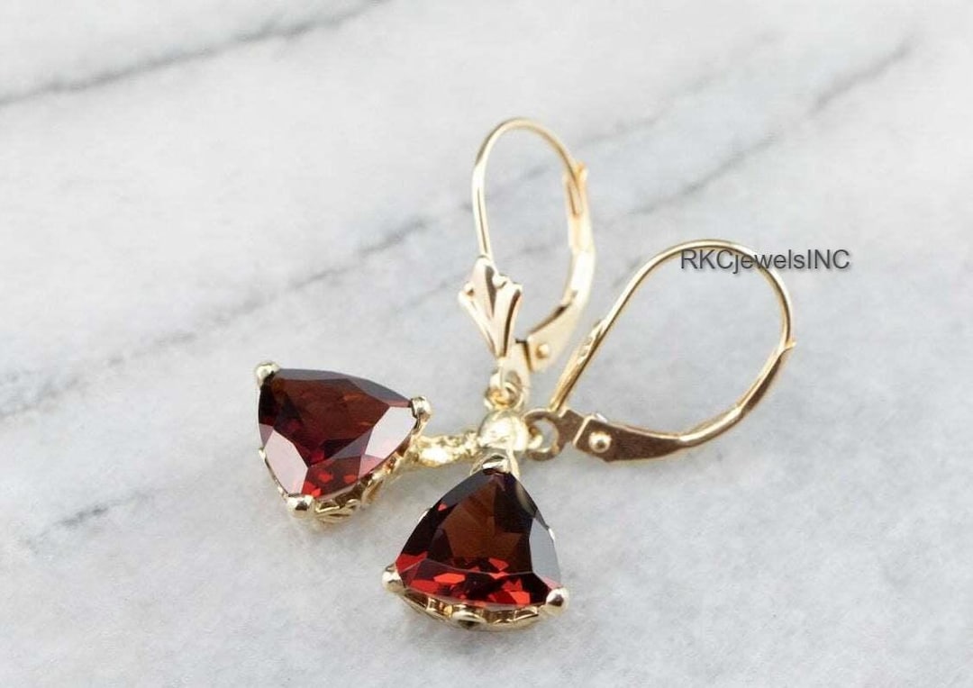 4ct Trillion Cut Red Garnet Drop Earrings, Dangle Garnet Earrings, 14k ...