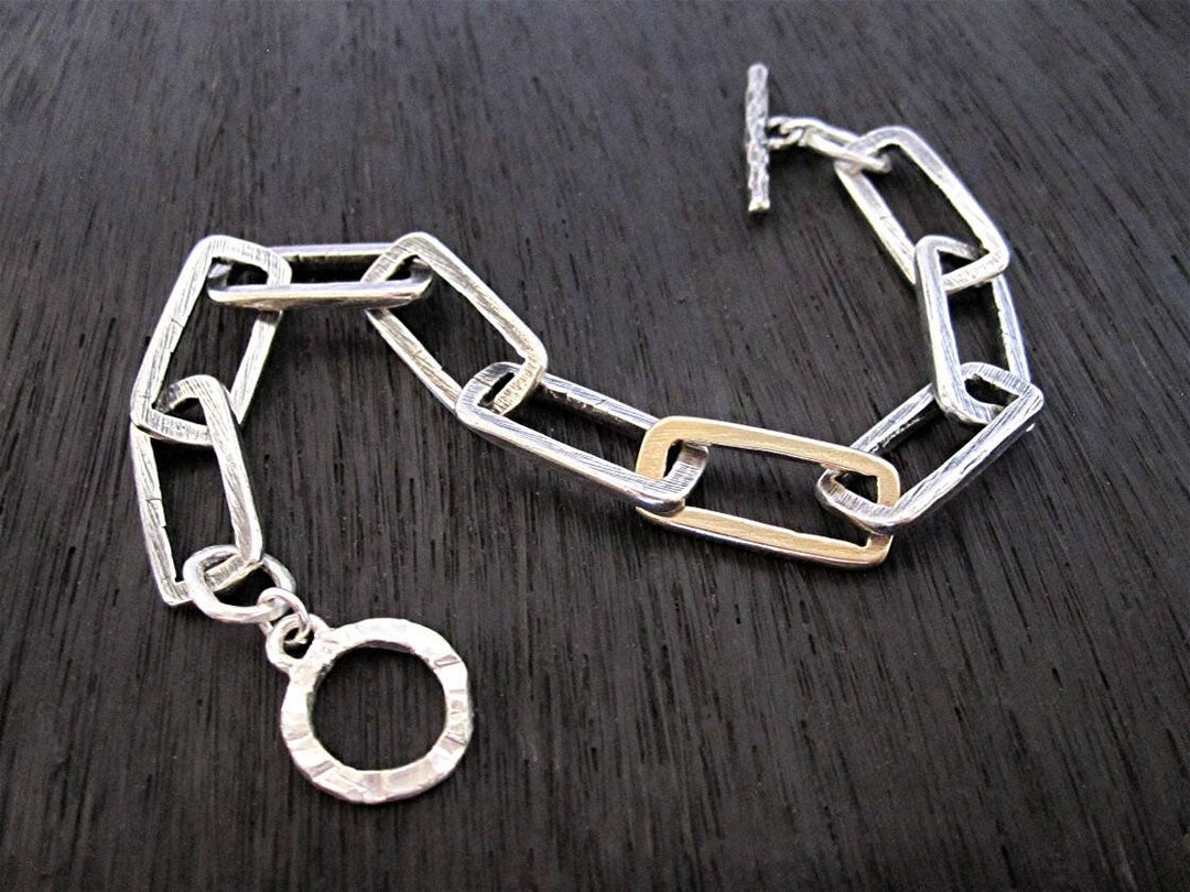 Mixed Metal Artisan Rectangular Chain Link Sterling Silver Bracelet ...