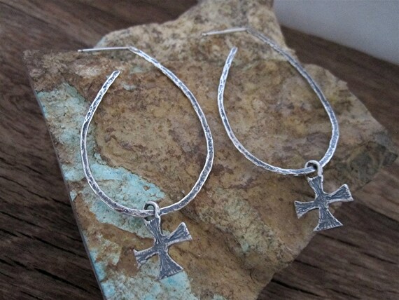 Sterling Silver Handmade Dangle Cross Hoop Earrings one Pair | Etsy