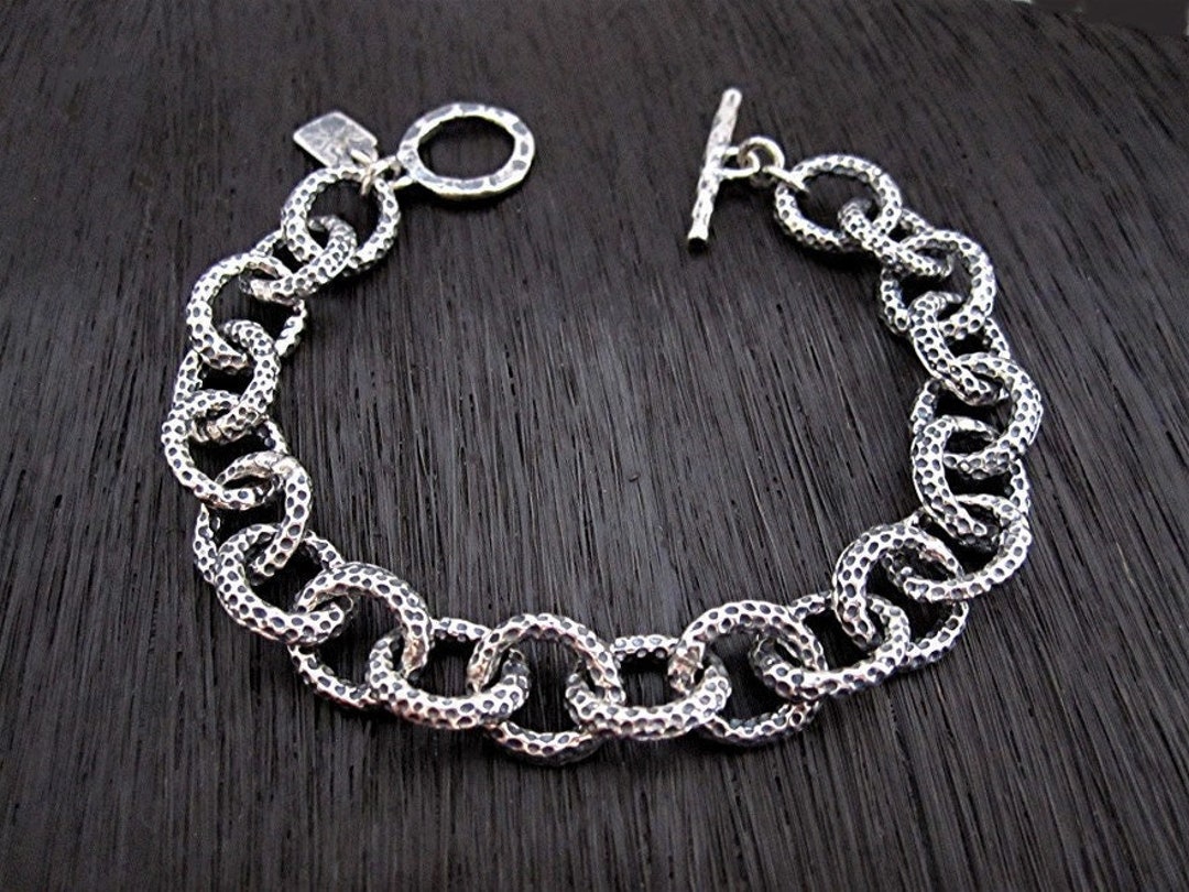 Sterling Silver Textured Artisan Chunky Chain Link Bracelet (multiple ...