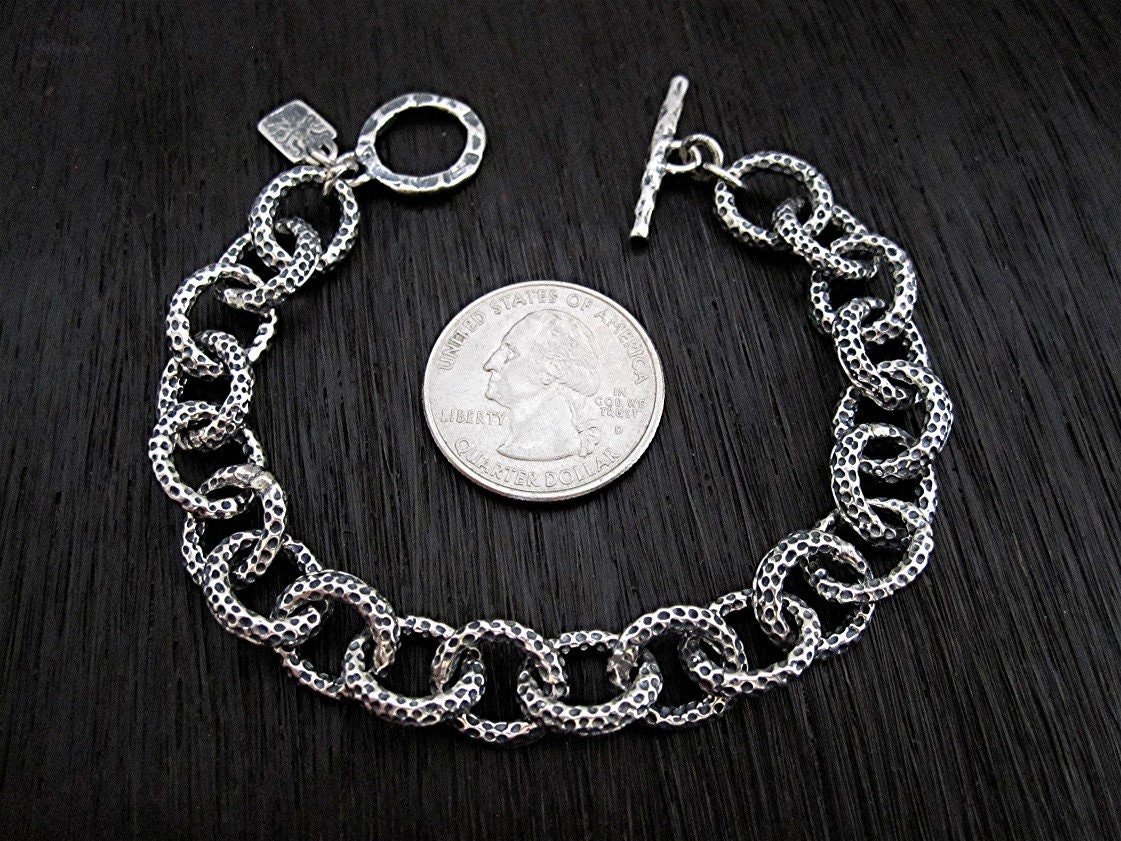 Sterling Silver Textured Artisan Chunky Chain Link Bracelet | Etsy