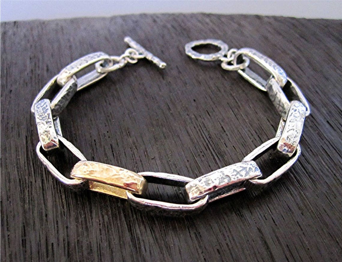 Mixed Metal Minimalist Chain Link Bracelet in Sterling Silver | Etsy