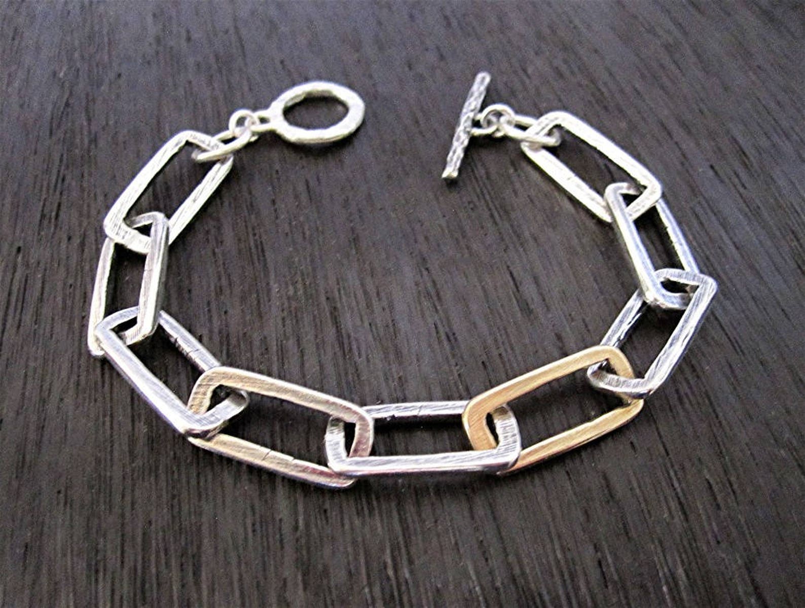 Mixed Metal Rectangular Chain Link Sterling Silver and Gold | Etsy