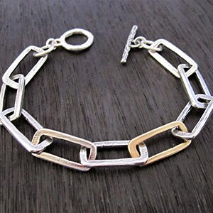 Mixed Metal Artisan Rectangular Chain Link Sterling Silver Bracelet ...