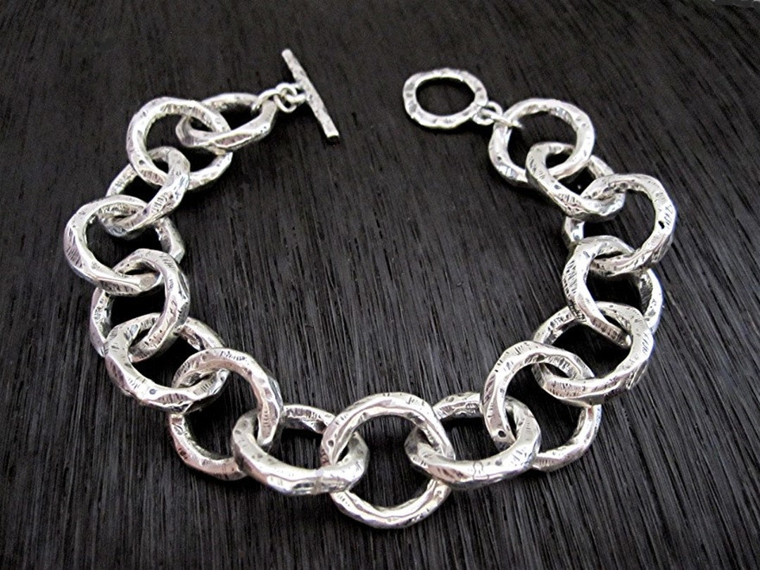 Chunky Rustic Sterling Silver Artisan Chain Link Statement Bracelet ...