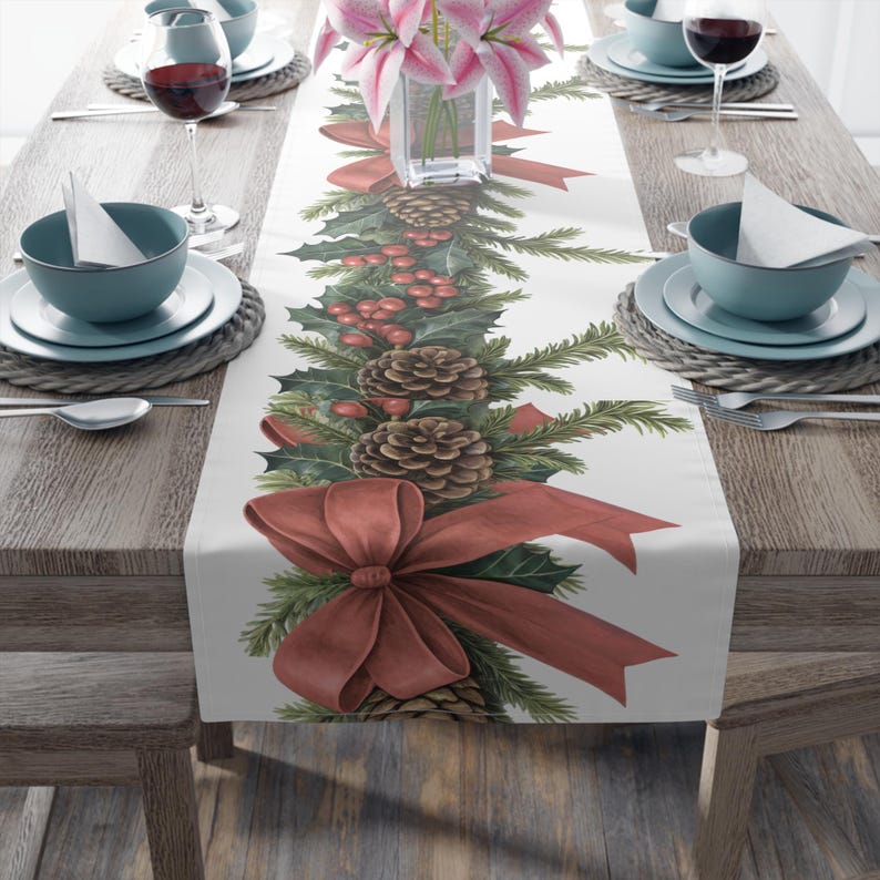 Christmas Pinecone Holly Garland Table Runner With Bows, Holiday Runner ...