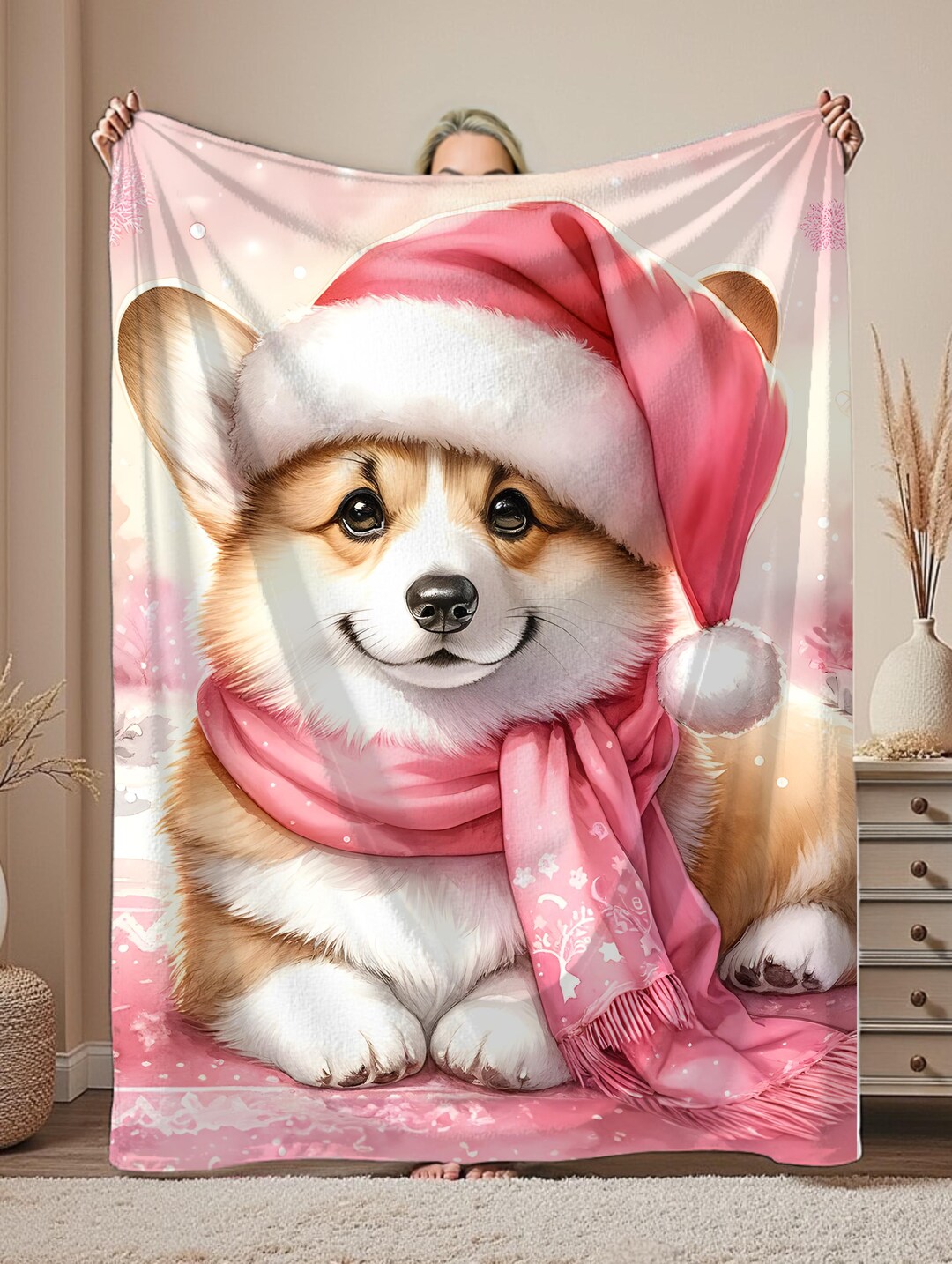Cozy Corgi Pink Christmas Blanket | Soft Velveteen Throw, Holiday Home ...