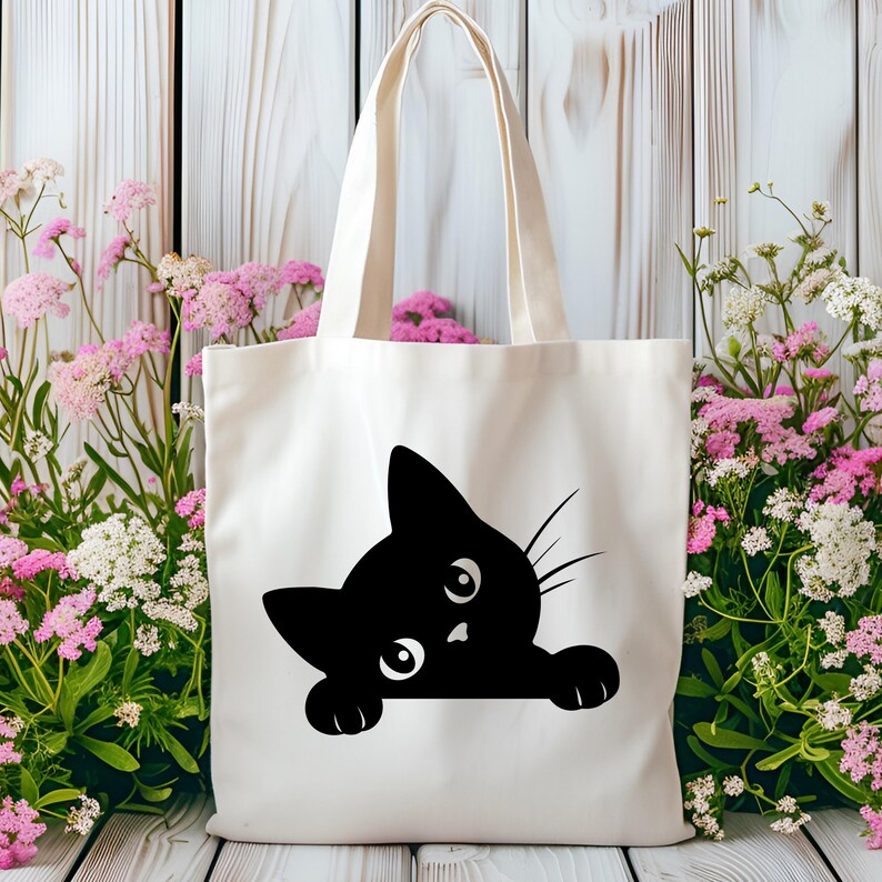 Peeking Black Cat Tote Bag | Cute Kitty Illustration, Minimal Cat ...