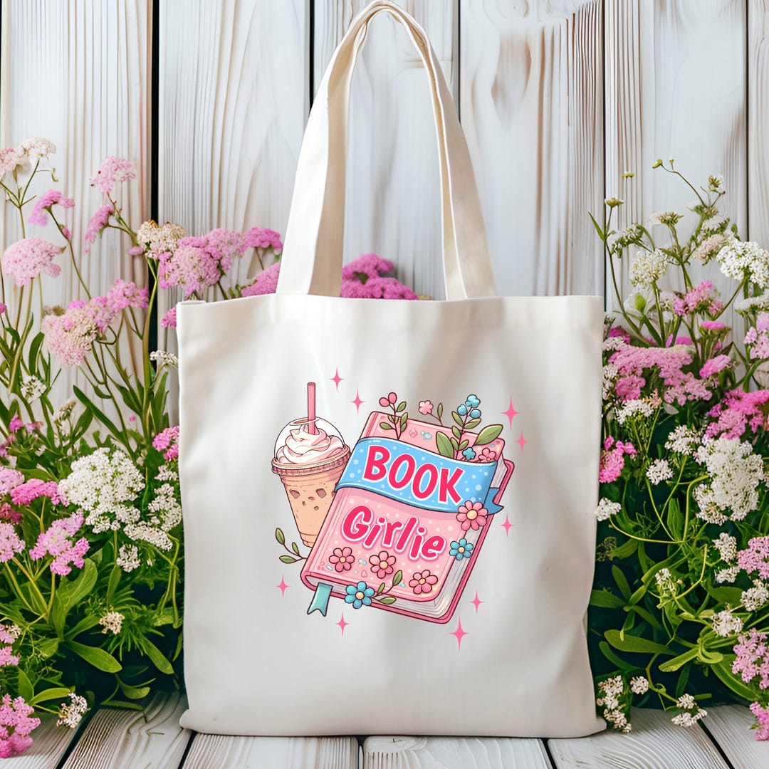Book Girlie Illustration Tote Bag | Cute Floral Book, Coffee, Pastel ...