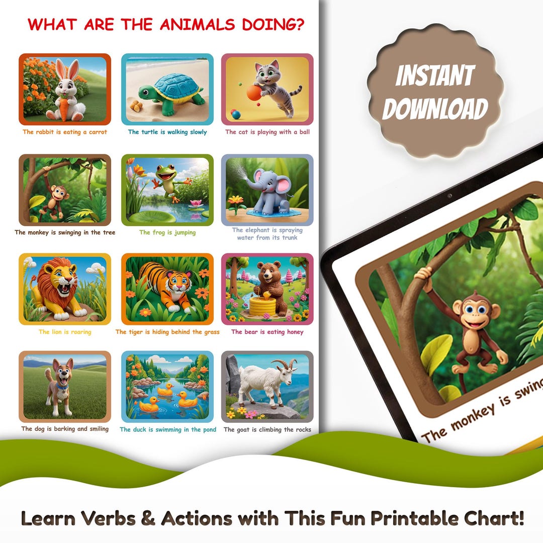Printable Action Verbs Poster for Kids – Cute Animal Printable for ESL ...
