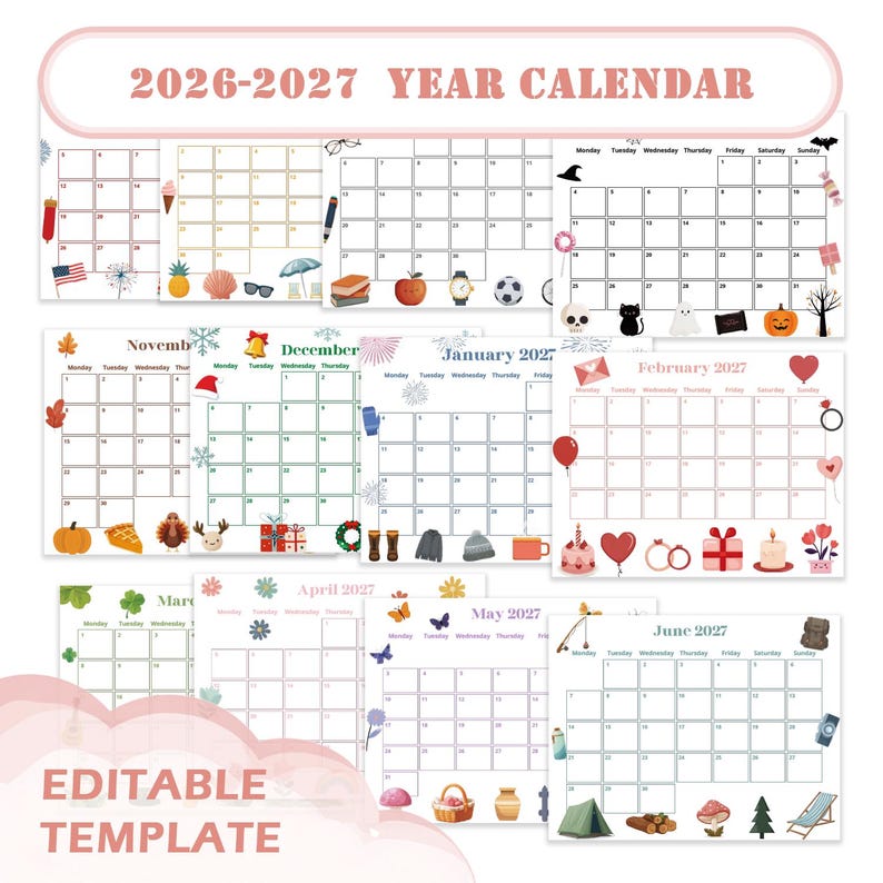 2026-2027 Cute Calendar Printable, Teacher Planning Editable Calendar ...