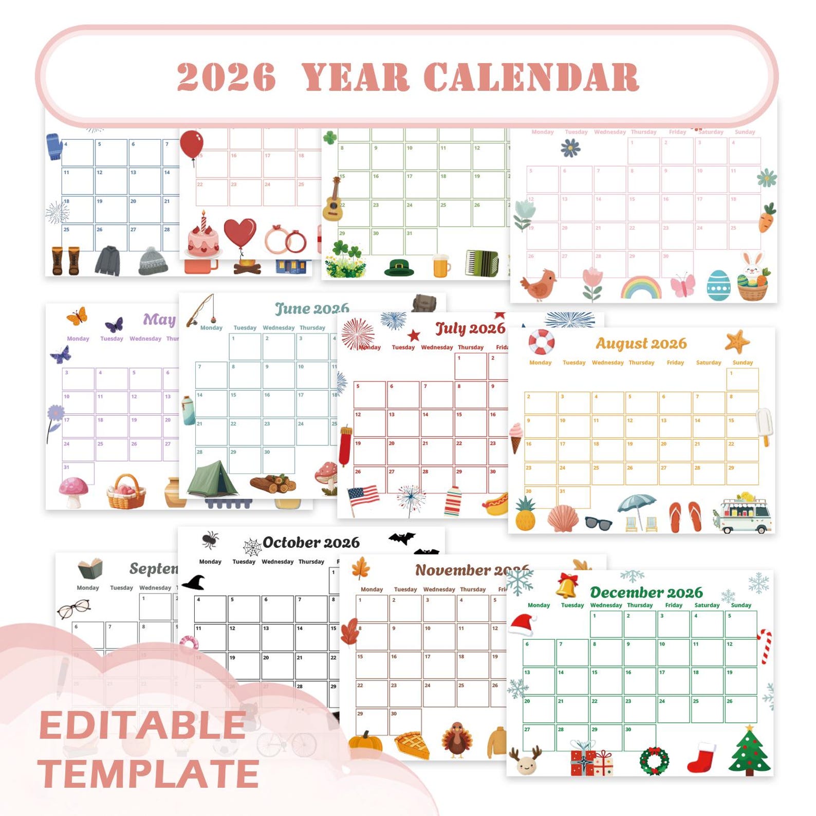 2026 Cute Calendar Printable, Teacher Planning Editable Calendar ...
