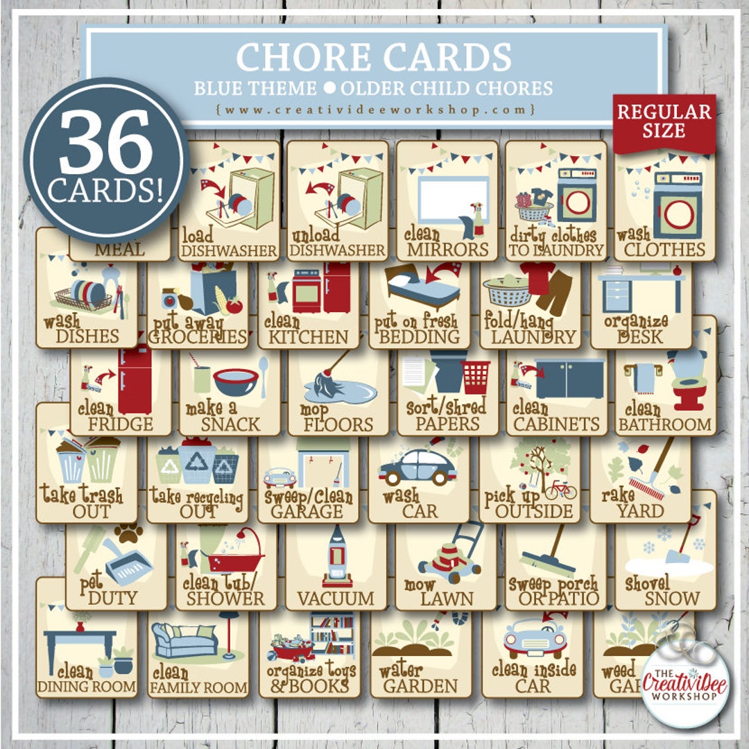 Chore Cards for Older Children, Blue, 36 Printable Cards and Chart - Etsy