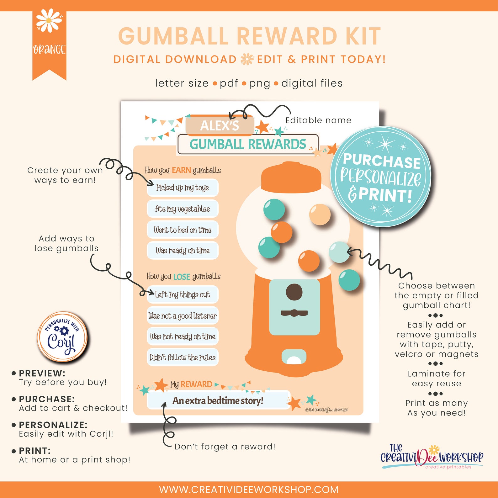 Printable Children's Gumball Reward Chart, Editable, Personalizable ...