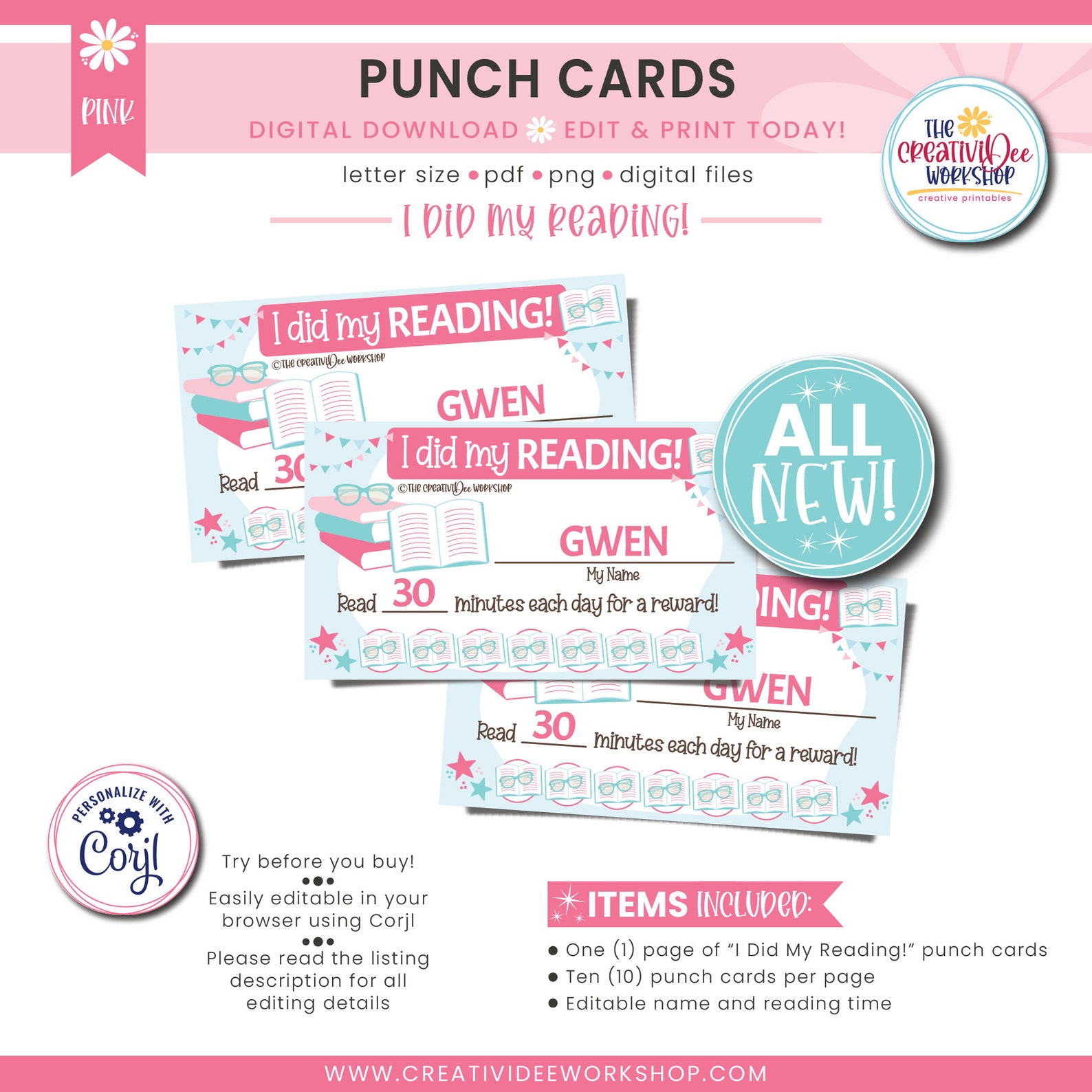 Printable Reading Punch Card for Kids, Editable Name and Time, Pink ...